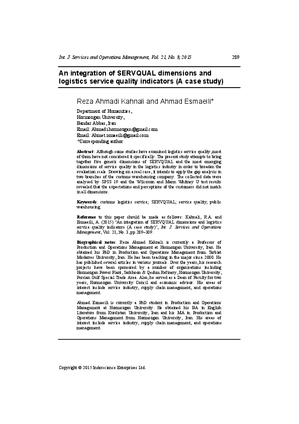 (PDF) An integration of SERVQUAL dimensions and logistics service quality indicators (A case study