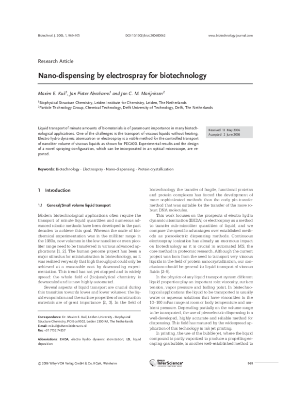 (PDF) Nano-dispensing by electrospray for biotechnology