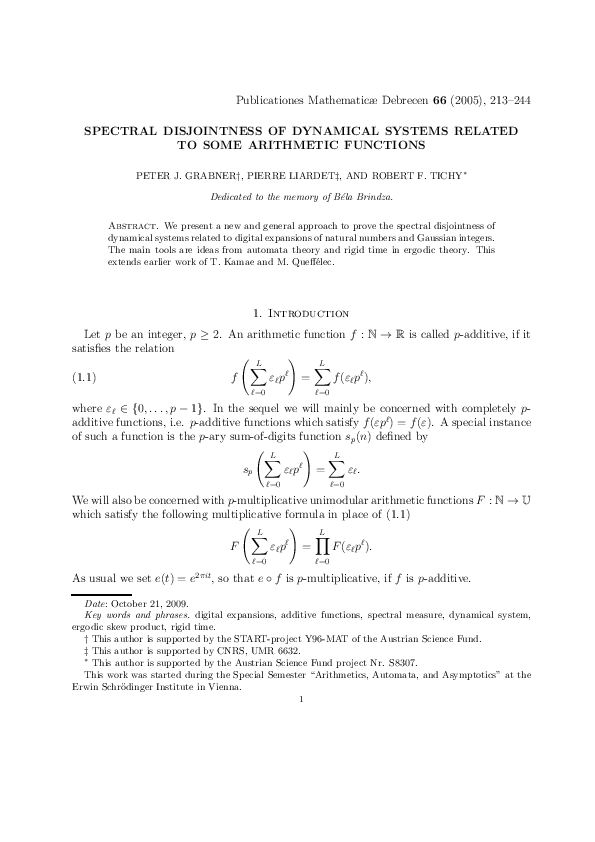 (PDF) Spectral disjointness of dynamical systems related to some arithmetic functions