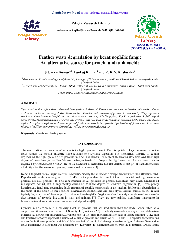 (PDF) Feather waste degradation by keratinophilic fungi: An alternative ...