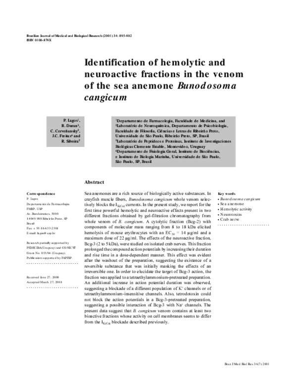 (PDF) Identification of hemolytic and neuroactive fractions in the ...