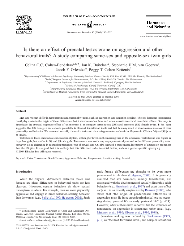 (PDF) Is there an effect of prenatal testosterone on aggression and ...