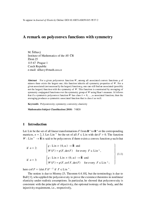 (PDF) A Remark on Polyconvex Functions with Symmetry