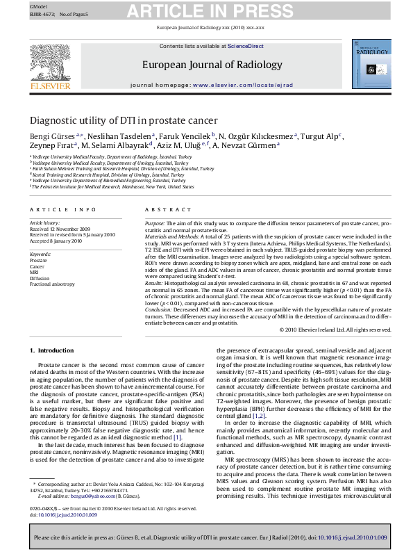 (PDF) Diagnostic utility of DTI in prostate cancer