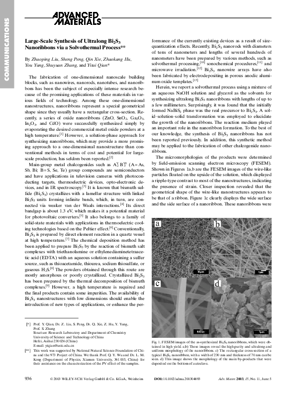 (PDF) Large-Scale Synthesis of Ultralong Bi2S3 Nanoribbons via a ...