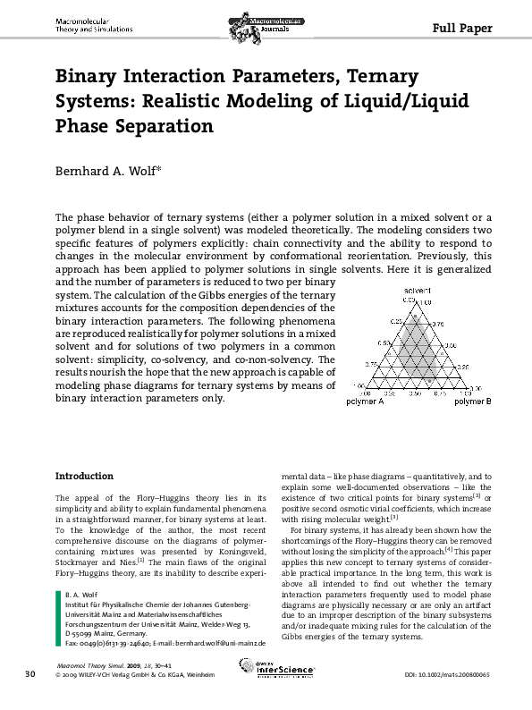 (PDF) Binary Interaction Parameters, Ternary Systems: Realistic Modeling of Liquid/Liquid Phase ...