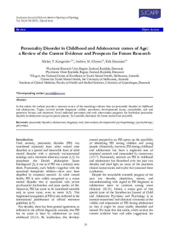 (PDF) Personality Disorder in Childhood and Adolescence comes of Age: a ...
