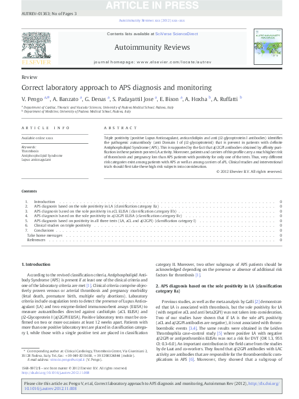 (PDF) Correct laboratory approach to APS diagnosis and monitoring