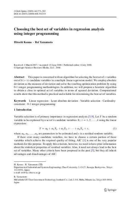 (PDF) Choosing the best set of variables in regression analysis using integer programming