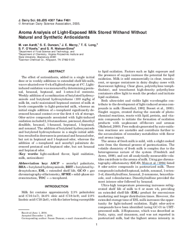 (PDF) Aroma analysis of light-exposed milk stored with and without ...