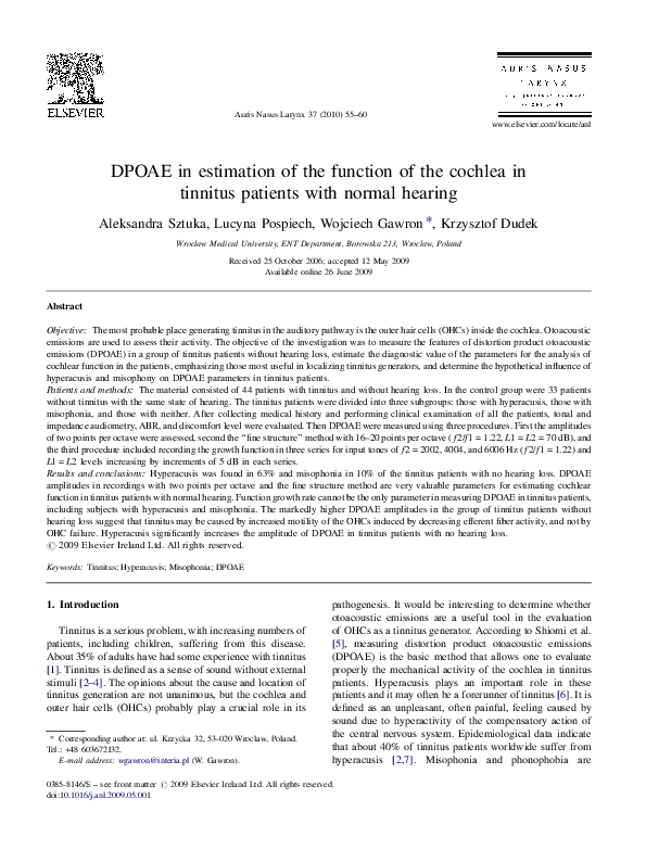 (PDF) DPOAE in estimation of the function of the cochlea in tinnitus ...