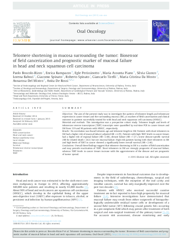 (PDF) Telomere shortening in mucosa surrounding the tumor: Biosensor of ...