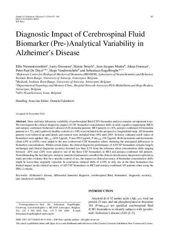 (PDF) Diagnostic Impact of Cerebrospinal Fluid Biomarker (Pre-)Analytical Variability in ...