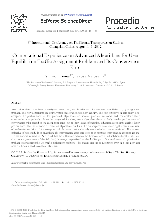 (PDF) Computational Experience on Advanced Algorithms for User Equilibrium Traffic Assignment ...