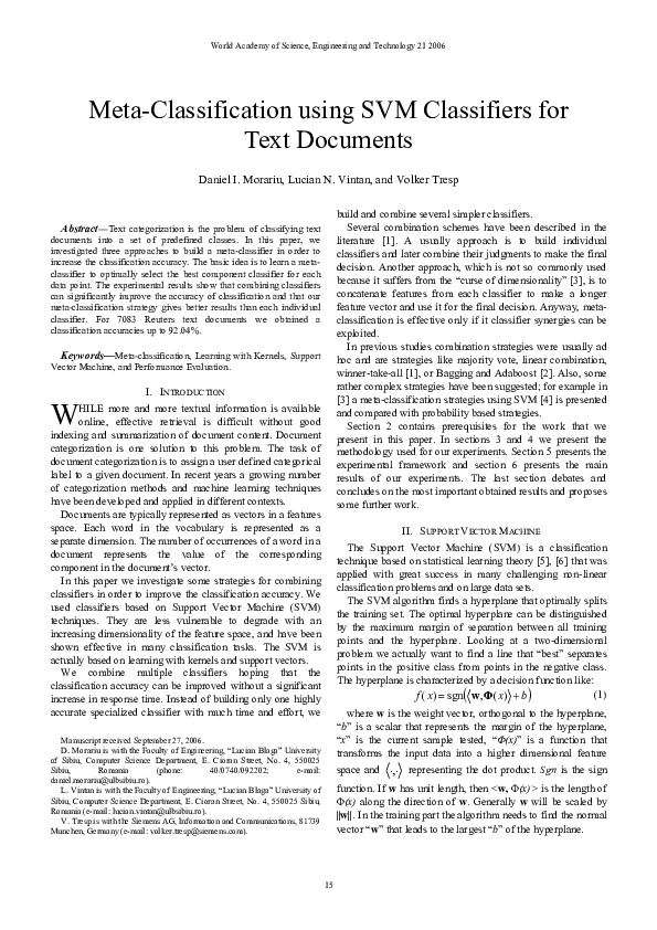 (PDF) Meta-Classification using SVM Classifiers for Text Documents