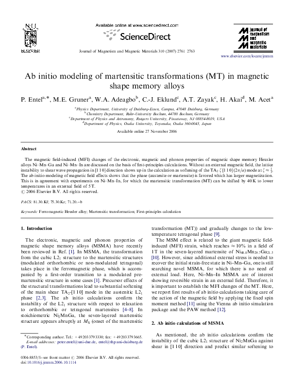 (PDF) Ab initio modeling of martensitic transformations (MT) in magnetic shape memory alloys