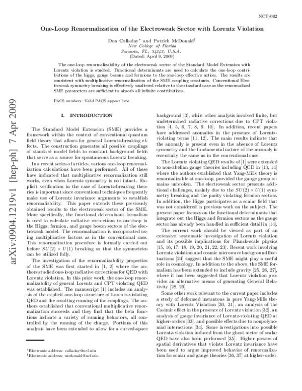 (PDF) One-loop renormalization of the electroweak sector with Lorentz violation