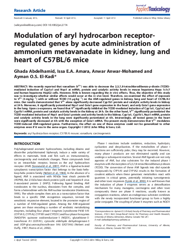 Pdf Modulation Of Aryl Hydrocarbon Receptor Regulated Gene Expression By Arsenite Cadmium