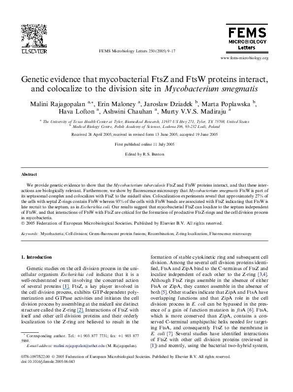(PDF) Genetic evidence that mycobacterial FtsZ and FtsW proteins ...