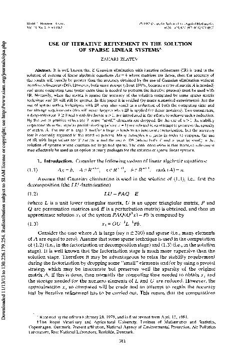 (PDF) USE OF ITERATIVE REFINEMENT IN THE SOLUTION OF SPARSE LINEAR SYSTEMS