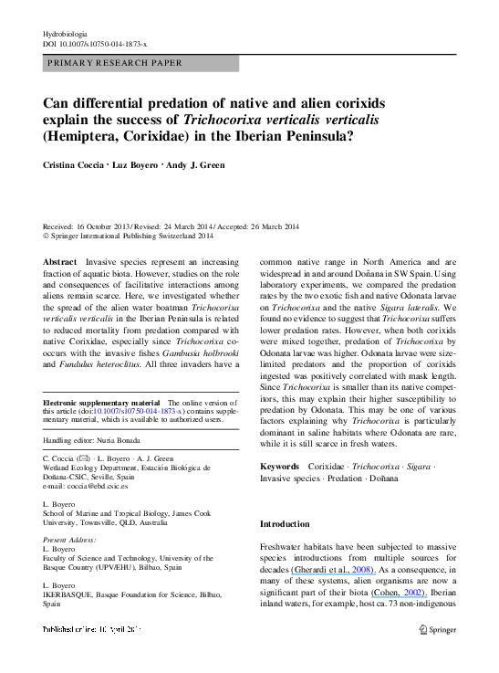 (PDF) Can differential predation of native and alien corixids explain ...