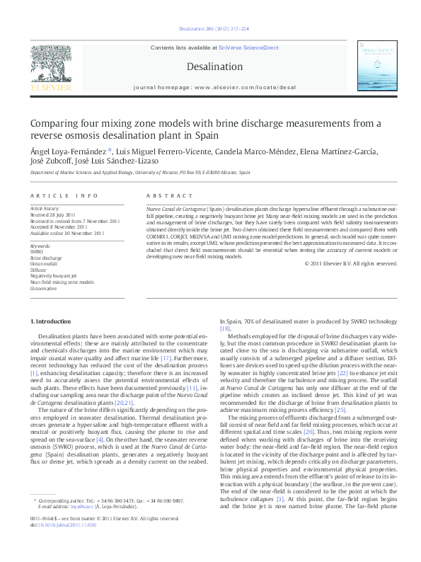 (PDF) Comparing four mixing zone models with brine discharge ...