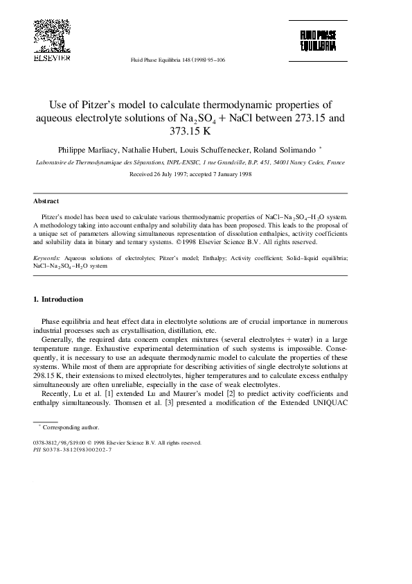 (PDF) Use of Pitzer's model to calculate thermodynamic properties of aqueous electrolyte ...