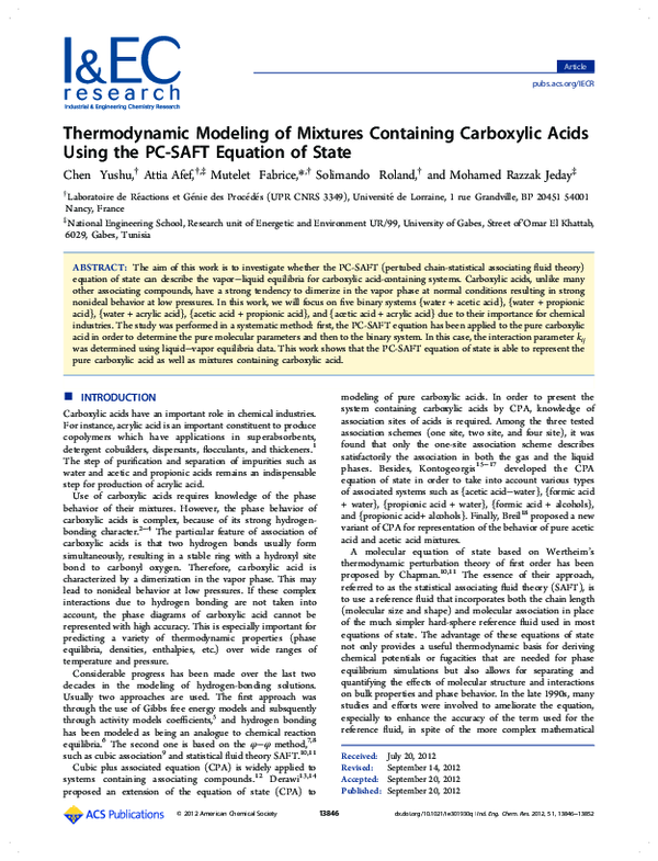 (PDF) Thermodynamic Modeling of Mixtures Containing Carboxylic Acids Using the PC-SAFT Equation ...