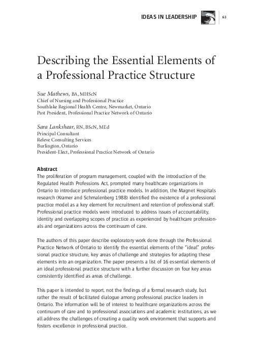 (PDF) Describing the Essential Elements of a Professional Practice ...