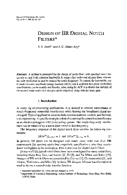 (PDF) Design of IIR digital notch filters