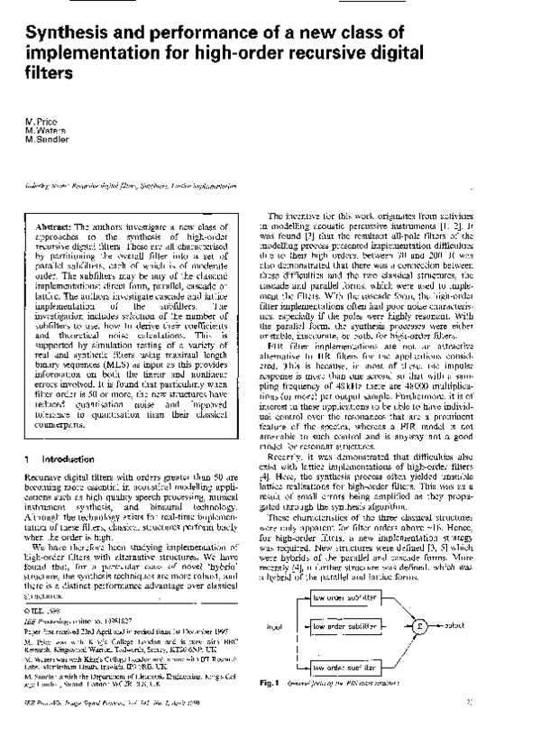 Pdf Synthesis And Performance Of A New Class Of Implementation For High Order Recursive