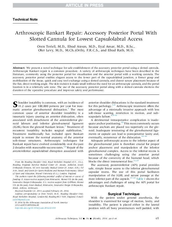 Arthroscopic Bankart Repair: Accessory Posterior Portal With Slotted ...