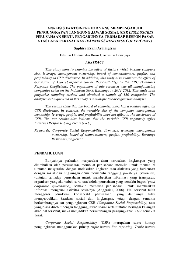 (PDF) ANALISIS FAKTOR-FAKTOR YANG MEMPENGARUHI PENGUNGKAPAN TANGGUNG JAWAB SOSIAL (CSR ...