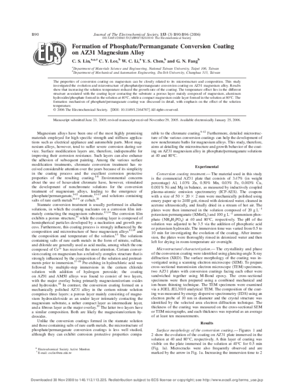 (PDF) Formation of Phosphate/Permanganate Conversion Coating on AZ31 Magnesium Alloy