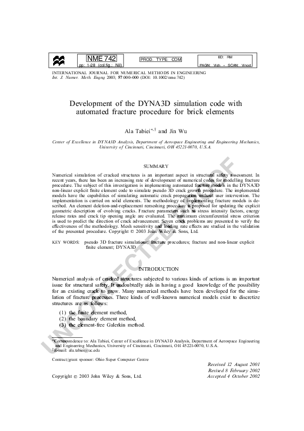 (PDF) Development of the DYNA3D simulation code with automated fracture procedure for brick elements