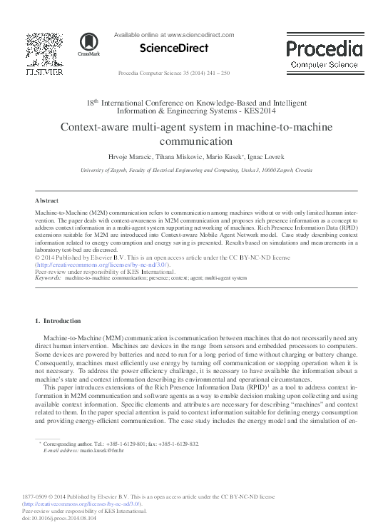 (PDF) Context-aware Multi-agent System in Machine-to-Machine Communication