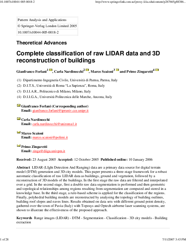 Pdf Complete Classification Of Raw Lidar Data And 3d Reconstruction