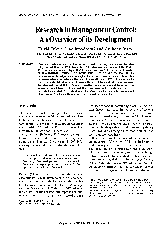 (PDF) Research in Management Control: An Overview of its Development
