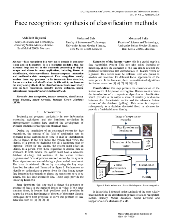 (PDF) Face recognition: synthesis of classification methods | Journal ...