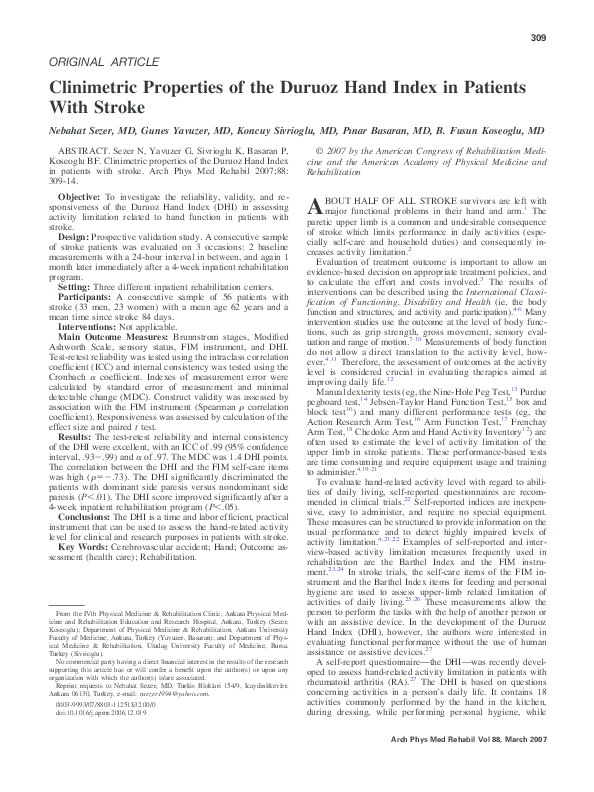 (PDF) Clinimetric Properties of the Duruoz Hand Index in Patients With ...