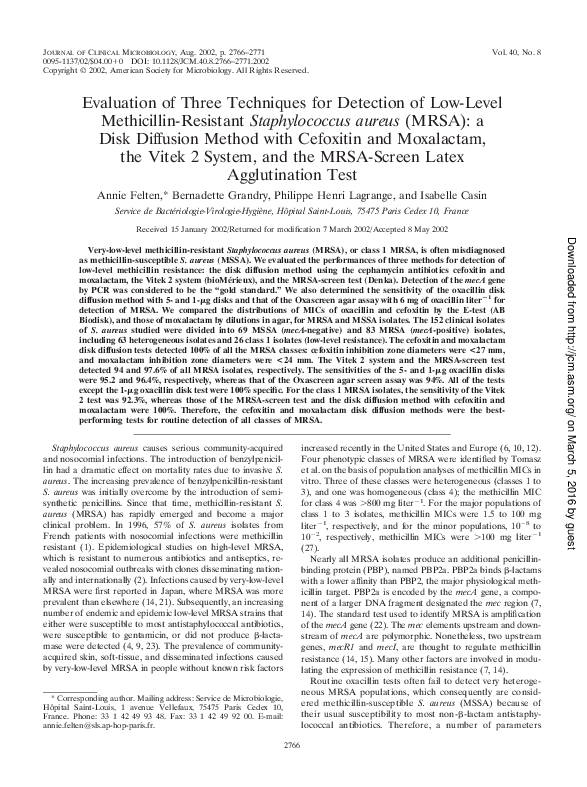 (PDF) Evaluation of Three Techniques for Detection of Low-Level Methicillin-Resistant ...