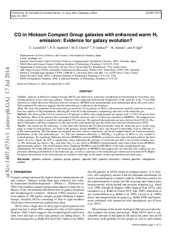 (PDF) CO in Hickson compact group galaxies with enhanced warm H 2 ...