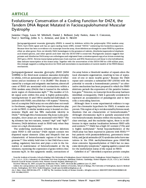 (PDF) Evolutionary Conservation of a Coding Function for D4Z4, the Tandem DNA Repeat Mutated in ...