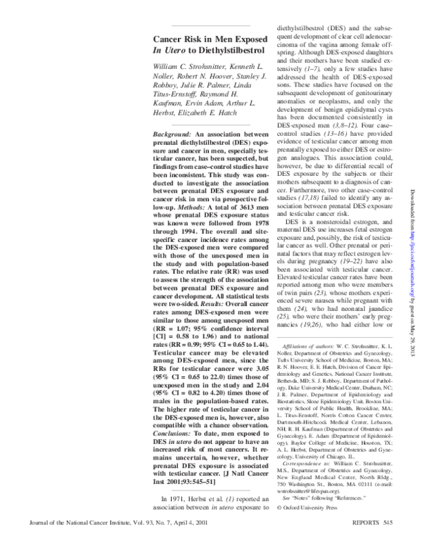 (PDF) Cancer Risk in Men Exposed In Utero to Diethylstilbestrol