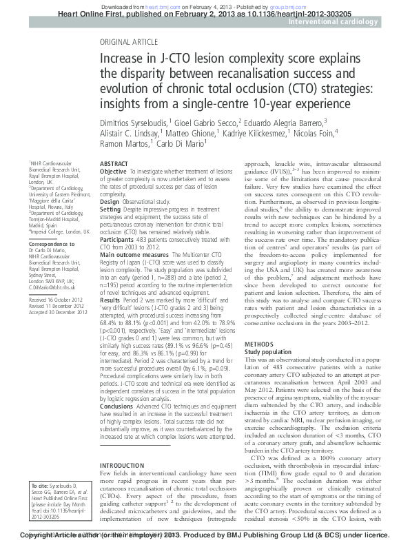 (PDF) Increase in J-CTO lesion complexity score explains the disparity ...