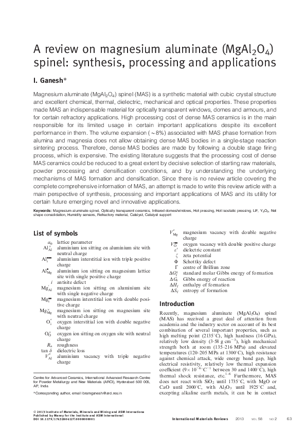 (PDF) A review on magnesium aluminate (MgAl 2 O 4 ) spinel: synthesis ...