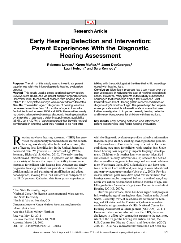 (PDF) Early Hearing Detection and Intervention: Parent Experiences With the Diagnostic Hearing ...