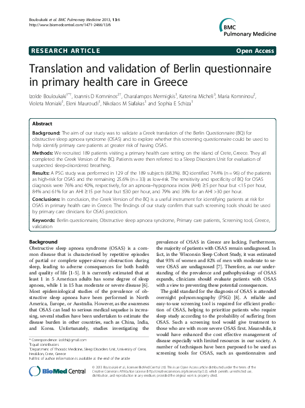 (PDF) Translation and validation of Berlin questionnaire in primary ...