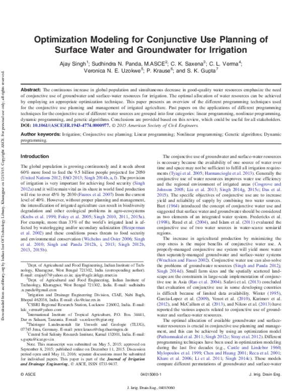 Pdf Optimization Modeling For Conjunctive Use Planning Of Surface