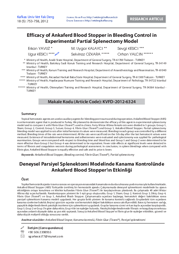 (PDF) Deneysel Parsiyel Splenektomi Modelinde Kanama Kontrolünde ...